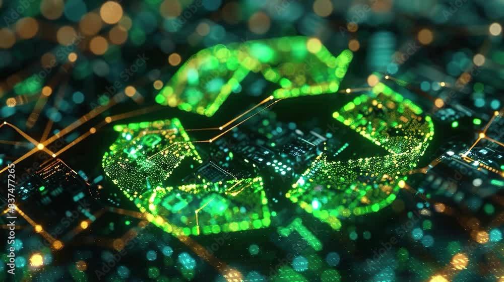 3D recycling symbol in a green neon color, connected to a series of ...