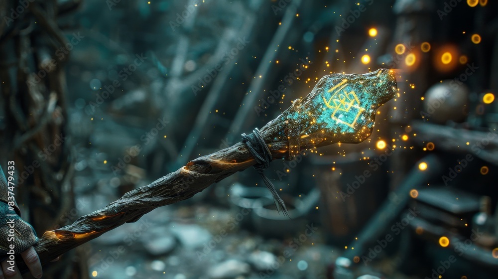 Enchanted staff with luminous technorunes, photographed in a rune ...