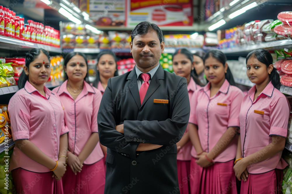 Photography of India professional supermarket service staff, stocker ...