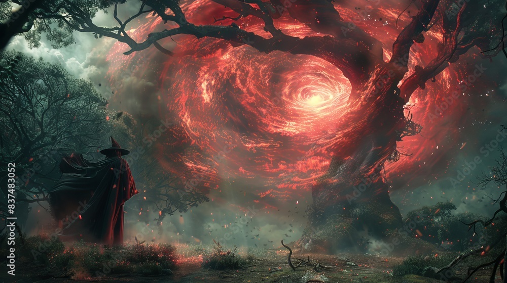 Powerful sorcerer casting a spell, surrounded by swirling red mists, in ...