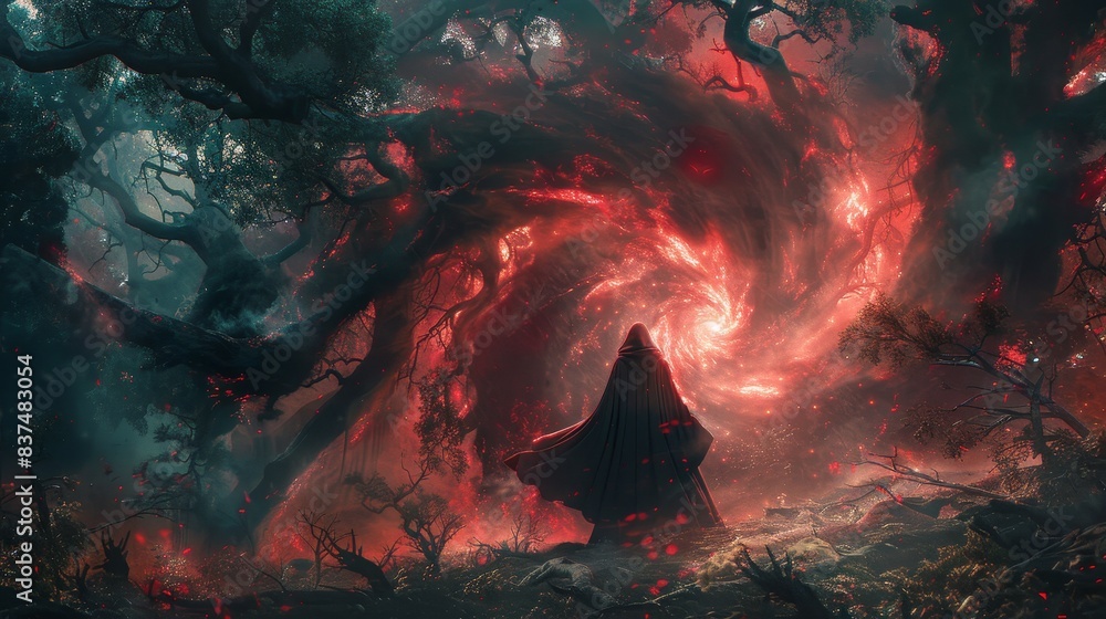 Powerful sorcerer casting a spell, surrounded by swirling red mists, in ...