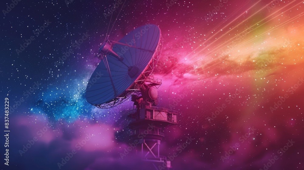 Satellite dish beaming radio waves into the sky, with a dynamic display ...