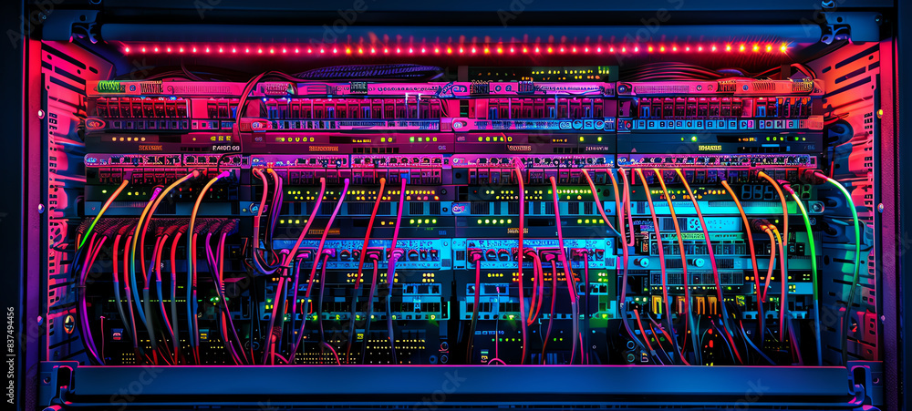 Server rack with fiber optic connections, seamless network integration ...