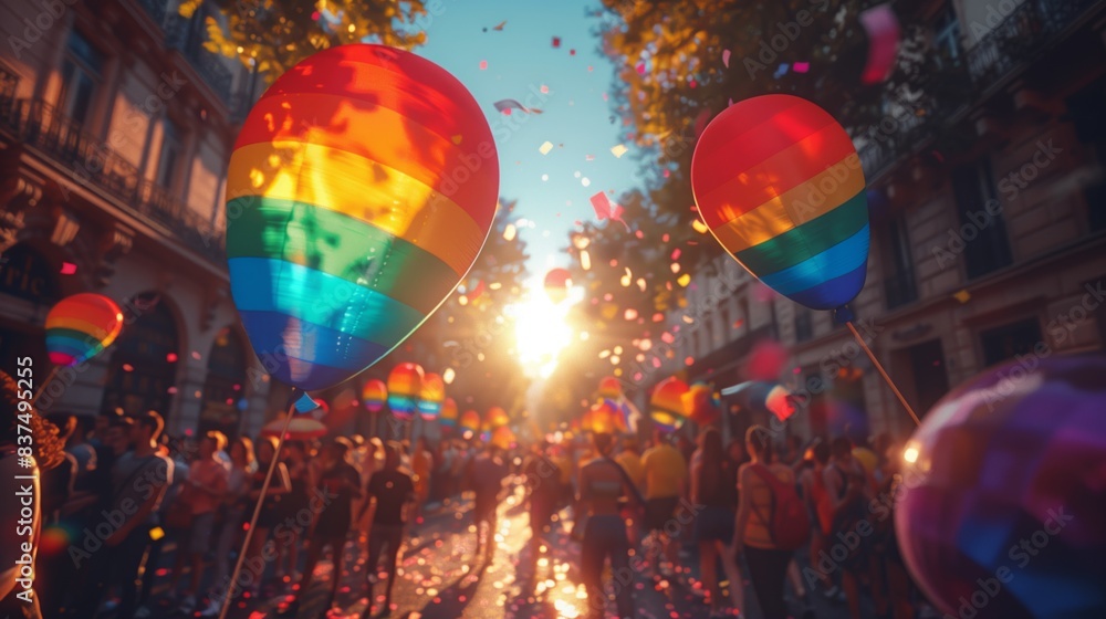 Rainbow Balloons at Pride Parade Sunset. Colorful rainbow balloons floating above a lively crowd ...