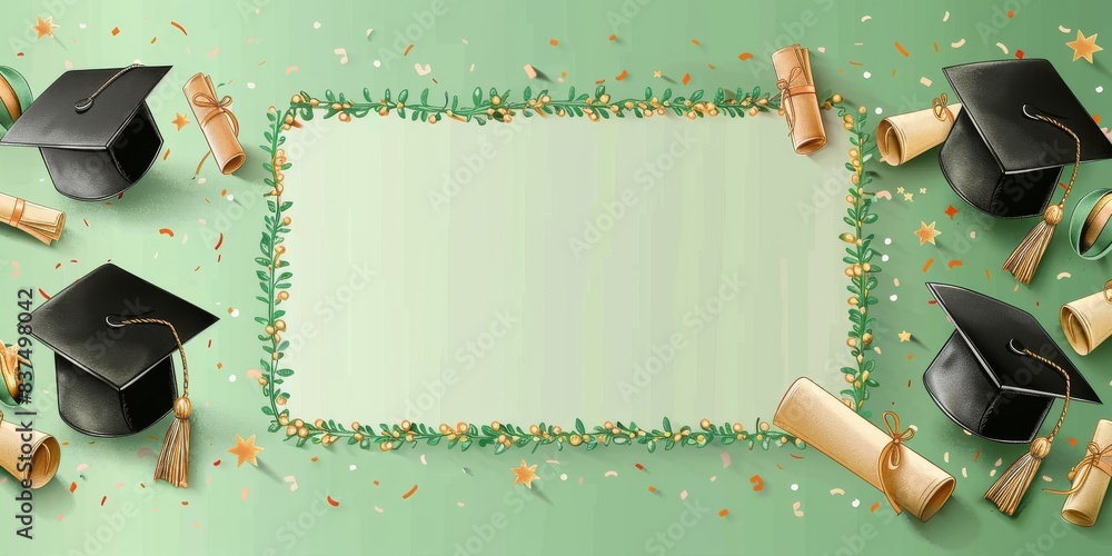 Festive graduation party backdrop with green background, diplomas, and ...