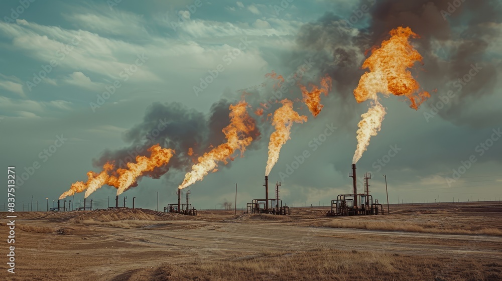Industrial gas flares on barren landscape - Dramatic gas flares burning ...