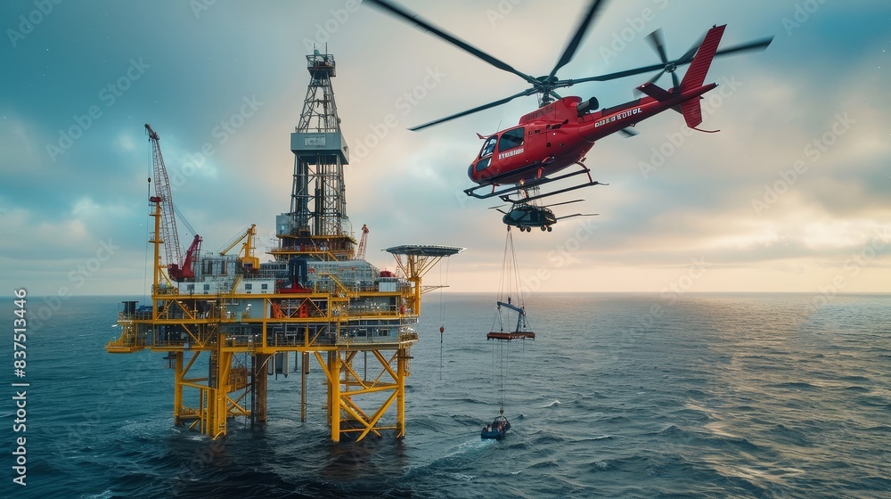 Helicopter lifting cargo to oil rig - A helicopter lifts a cargo ...