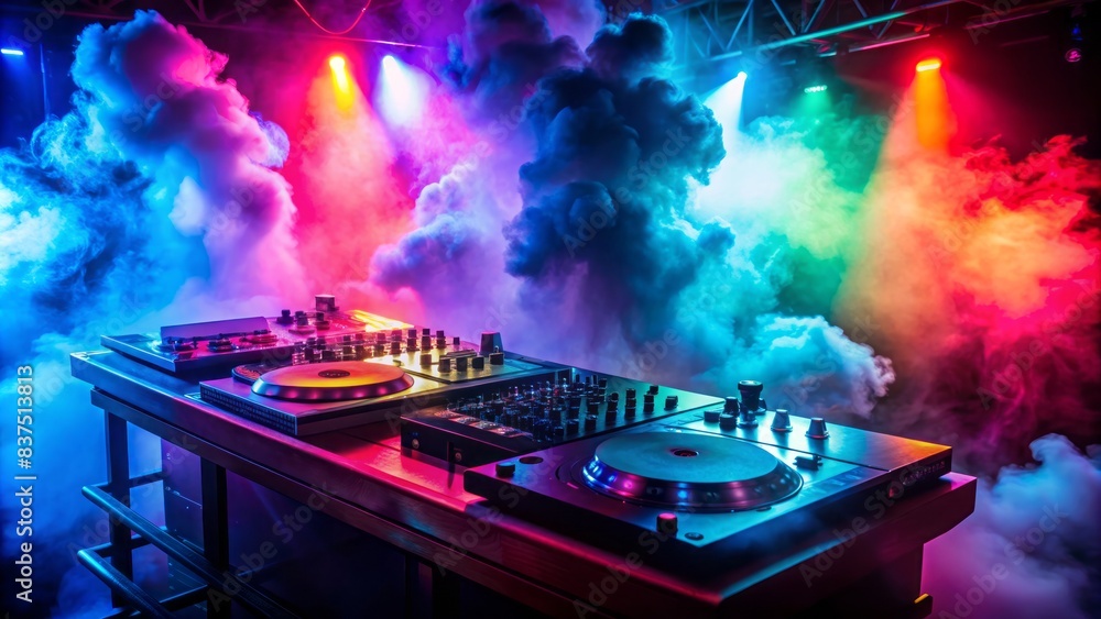 Moody atmospheric nightlife scene featuring a dj console with flashing ...