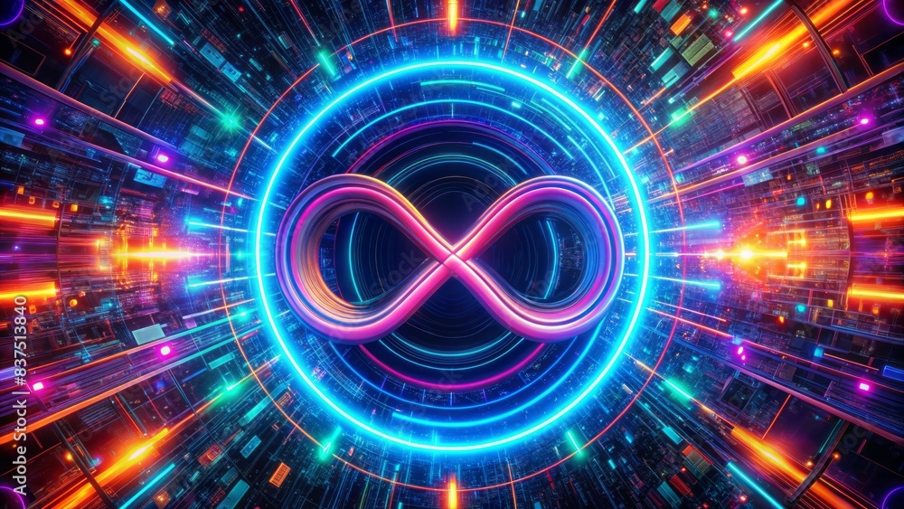 Futuristic abstract symbol of infinite loop surrounded by vibrant neon ...
