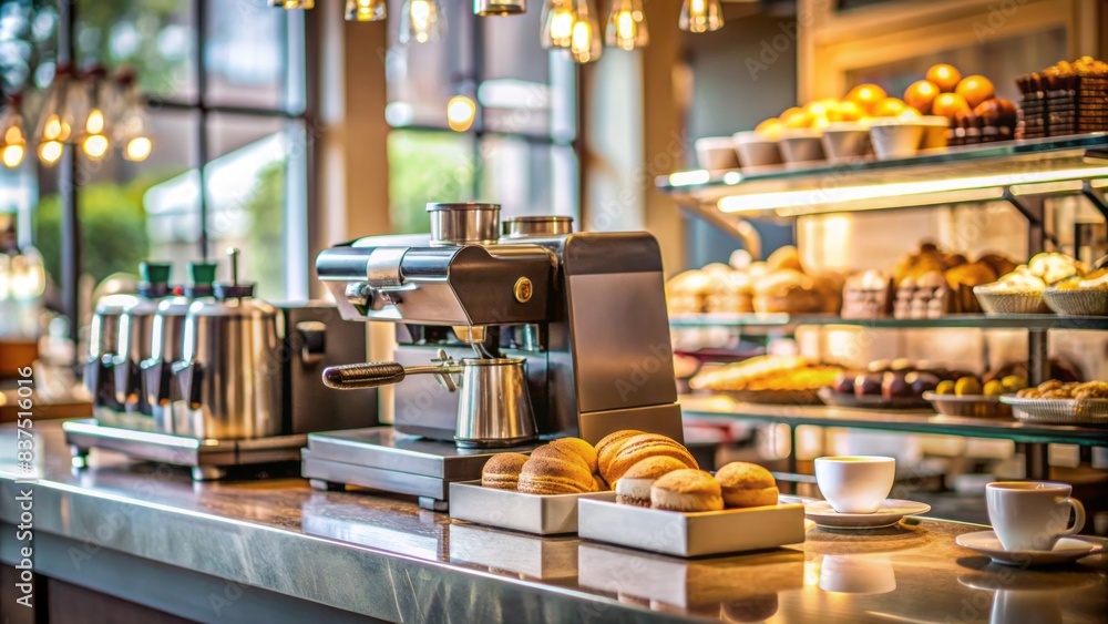 Coffee shop counter with espresso machines, pastry case, and credit ...