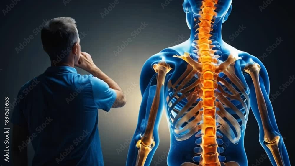 Xray and 3d Spinal pain and human back anatomy Man puts his hands ...
