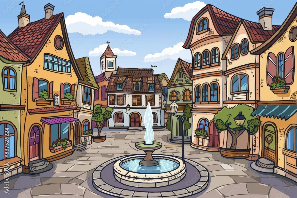 Cartoon cute doodles of a historic town square with old buildings and a ...