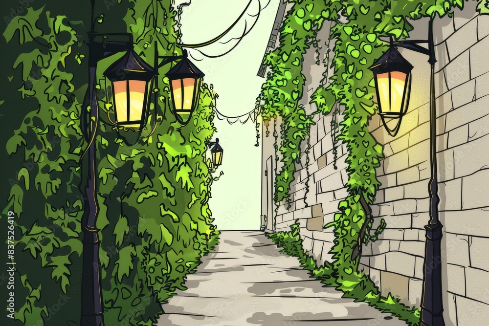 Cartoon cute doodles of a peaceful alleyway with ivy-covered walls and ...
