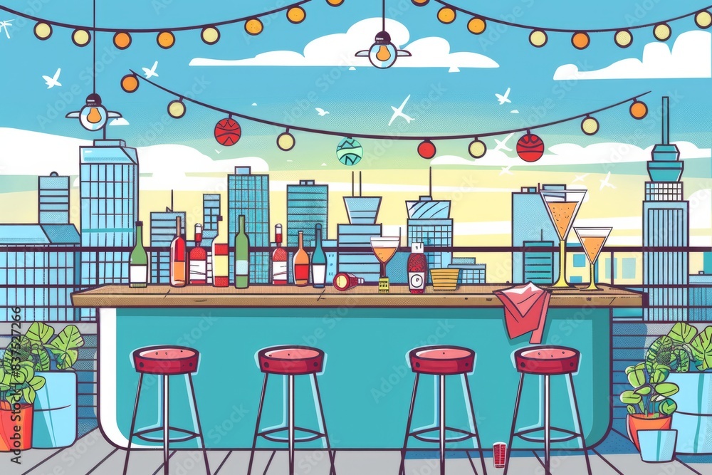 Cartoon cute doodles of a trendy rooftop bar with skyline views and ...
