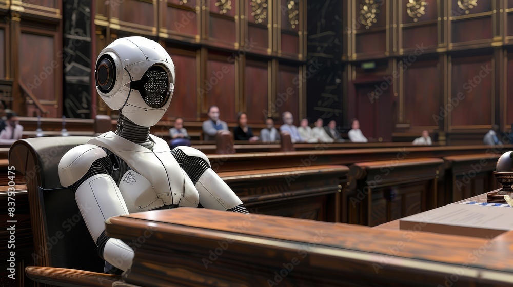 Robot seated as a witness in court - In a courtroom, a humanoid robot ...