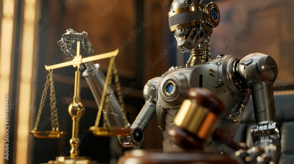 Robot holding scales of justice close-up - Close-up image of a robot ...