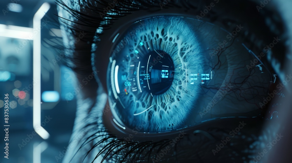 Futuristic eye with digital interface overlay - Close-up of a human eye ...