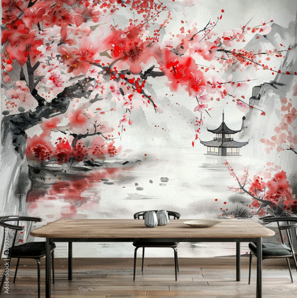 japanese landscape with japanese cherry blossoms, water, and a pagoda ...