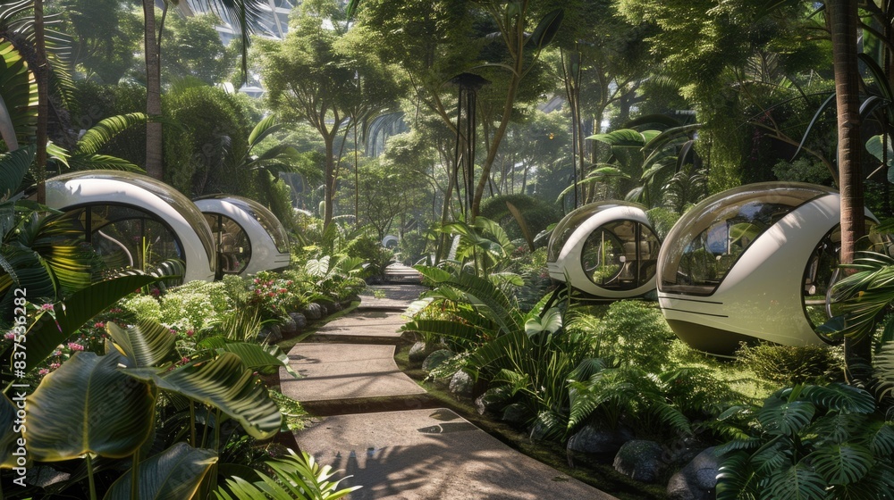 Smart mobility pods weaving through lush botanical gardens, offering ...