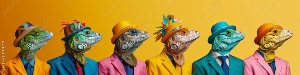 Creative animal concept. Group of proud lizard reptiles wearing trendy ...