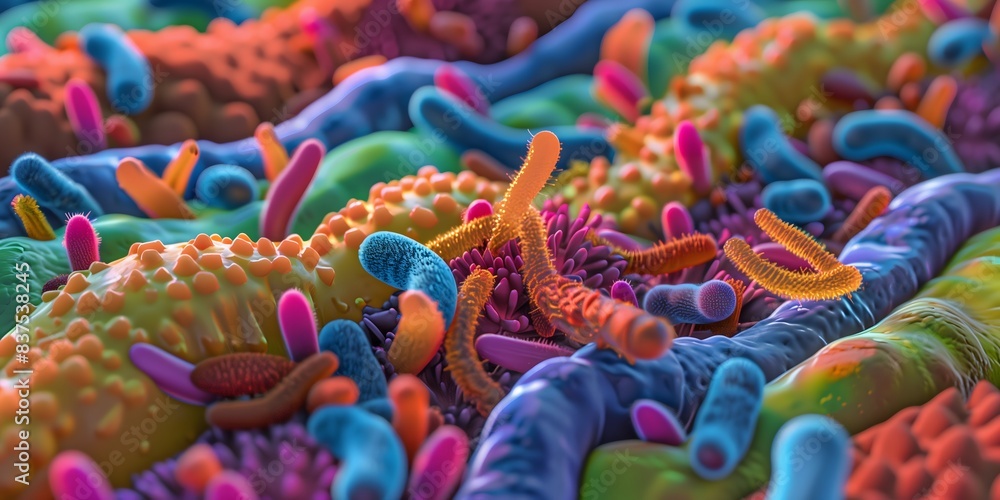 Healthy gut microbiome with probiotics bacteria, microscopic view of ...