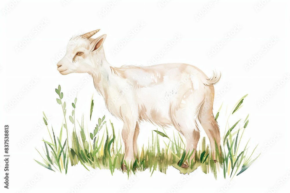 Watercolor illustration of a cute baby goat in the grass Stock ...