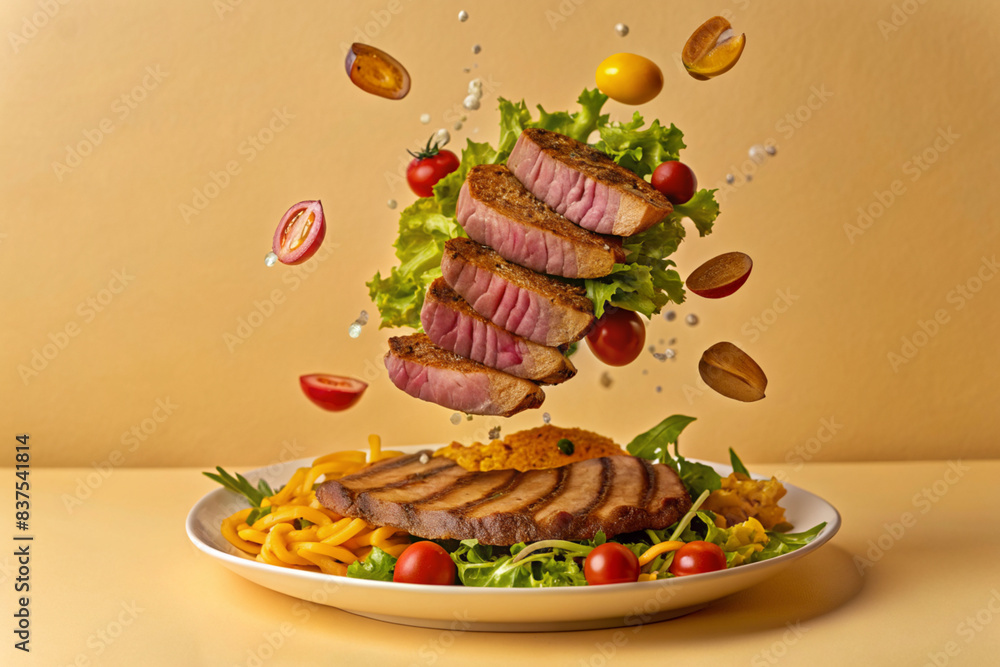 Meat falling, Grill Chops steaks, realistic 3d brisket flying in the ...