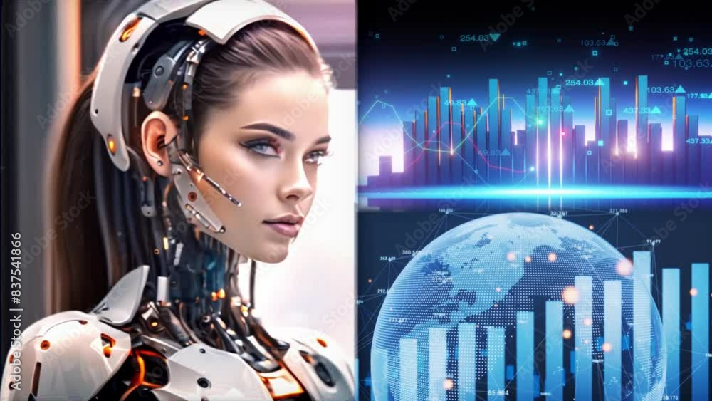 Ciborg, robot, con inteligencia artificial, rosto de mujer muy bella, analizando datos globales ...