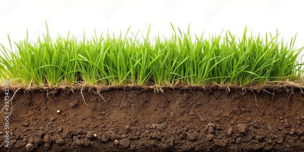 Earthy soil ground section with green grass in , isolated on white ...