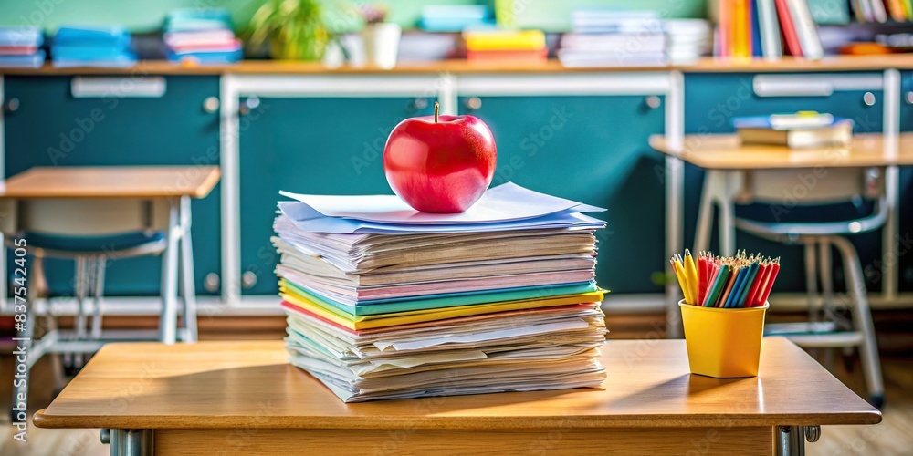 Teacher's desk with neatly stacked graded papers and a heartfelt ...