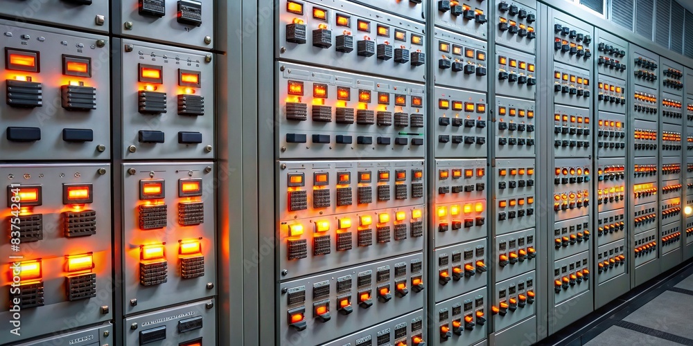 Glowing orange and grey control panel of computer data center ...