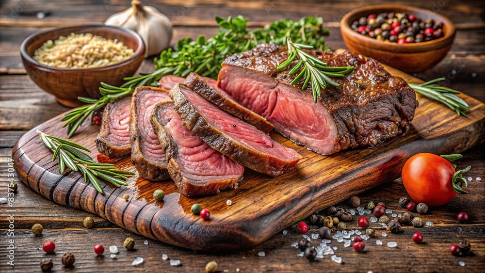 Juicy beef rib eye steak slices on wooden board with herbs, spices, and ...