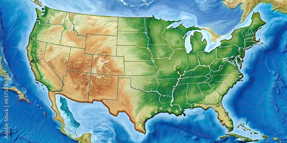 A map of the United States with a large body of water resembling the ...