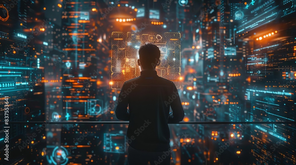 Cybersecurity expert defending against a digital attack, surrounded by ...