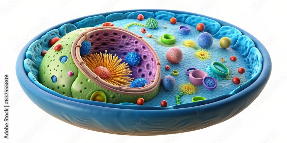 Eukaryotic cell structure with nucleus, organelles, and plasma membrane ...