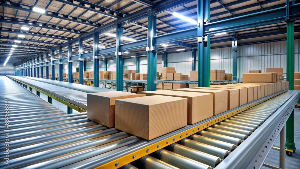 Conveyor belt transporting packaged goods to loading dock, warehouse ...