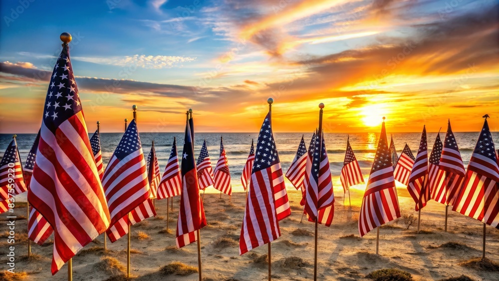 American flags on the beach at sunset, commemorating memorial day ...