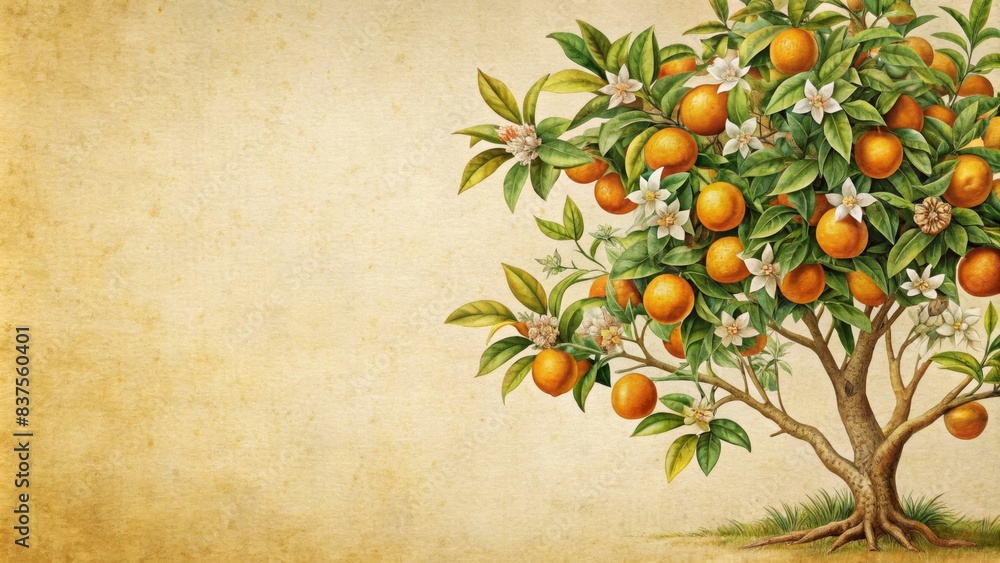 Vintage botanical of orange tree with fruits and flowers on creamy ...