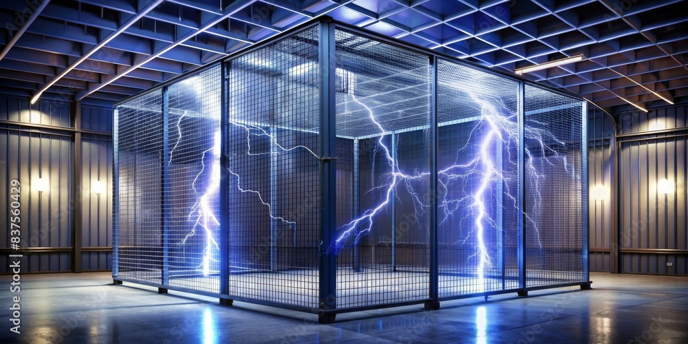 Visualization of a Faraday cage blocking external electric fields, shown with lightning striking ...