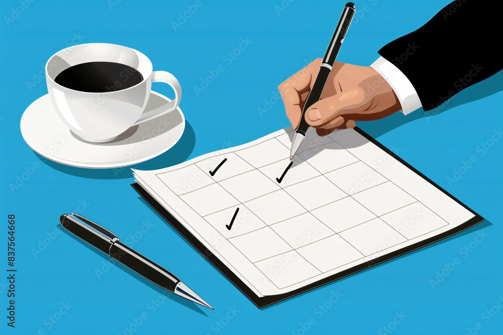 Person marking dates on a calendar with a pen, next to a cup of coffee ...