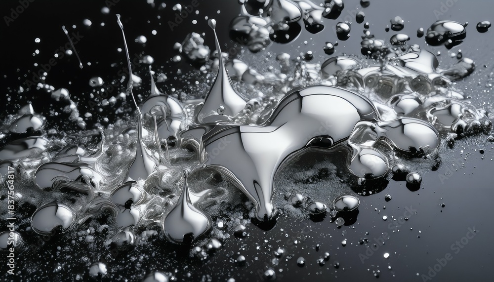 Dynamic silver liquid splashes across a black background, creating a ...