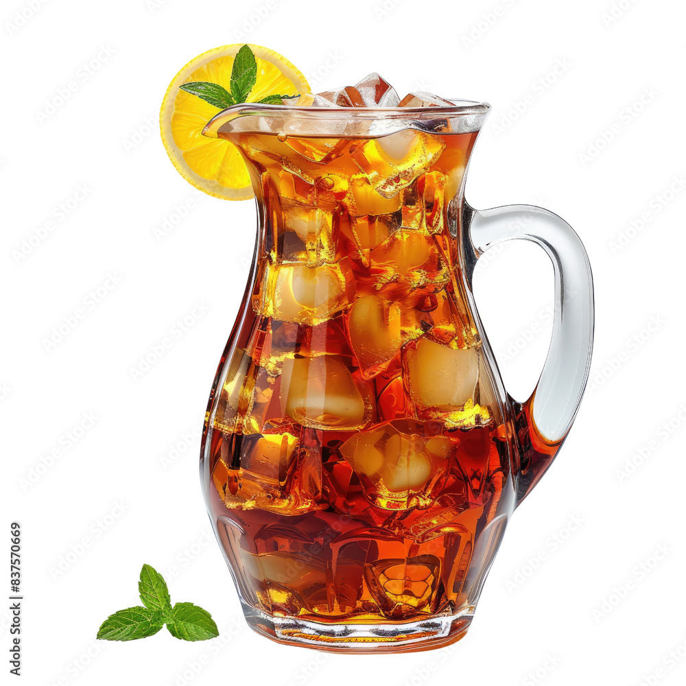 Glass pitcher filled with iced tea, ice cubes, and a lemon slice ...