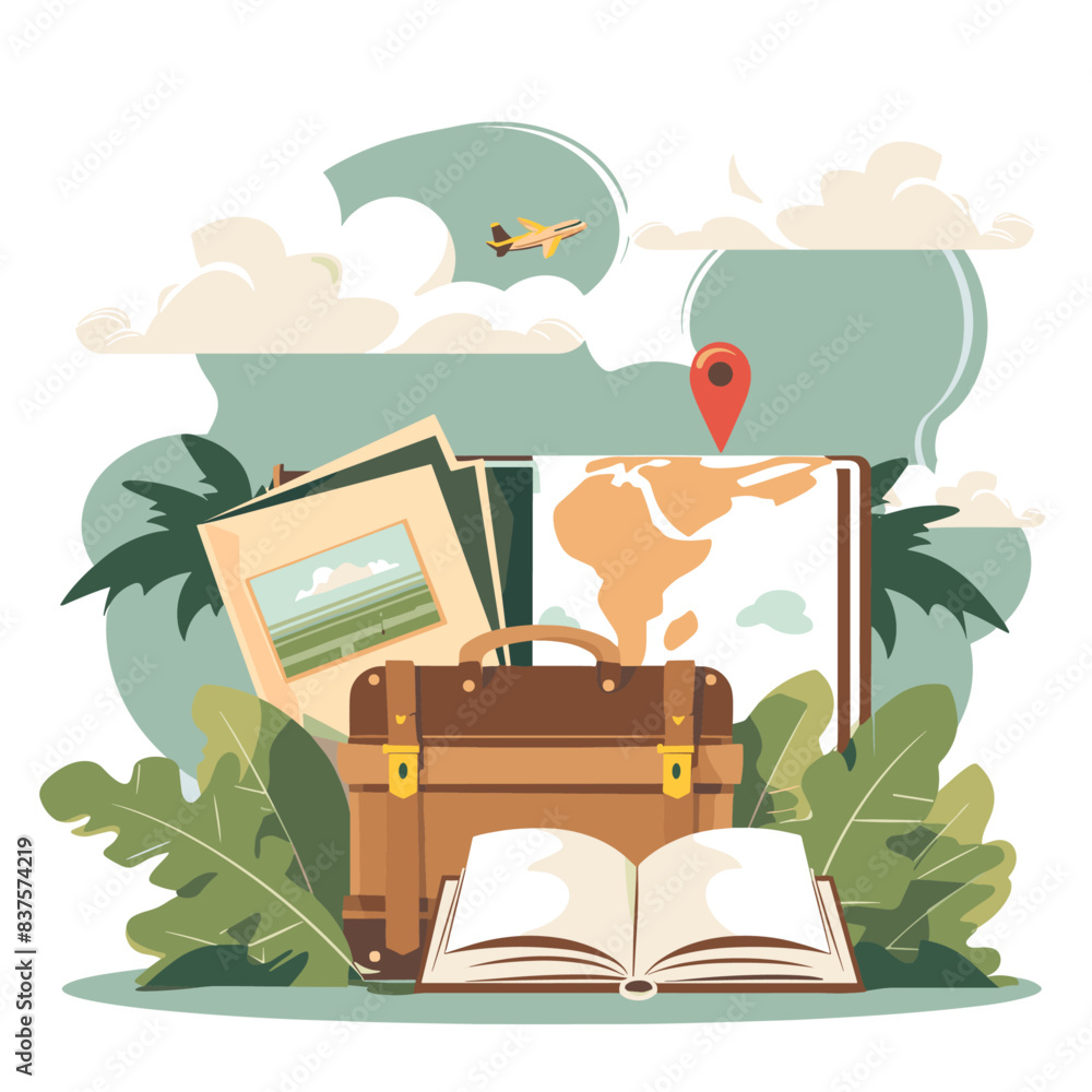 cartoon-style flat design featuring an open map with location pins ...