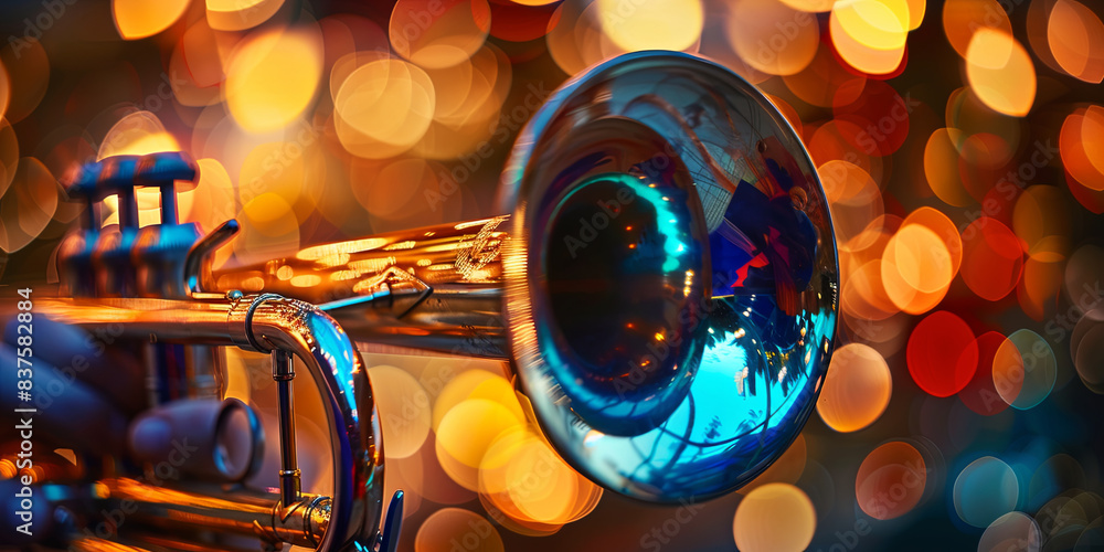 metallic trumpet with its bell open, blurred background with bokeh ...