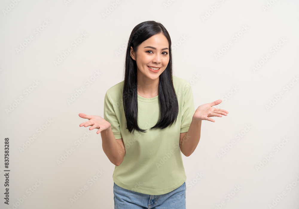 Wow Happy beautiful young asian woman excited pretty girl shout out ...