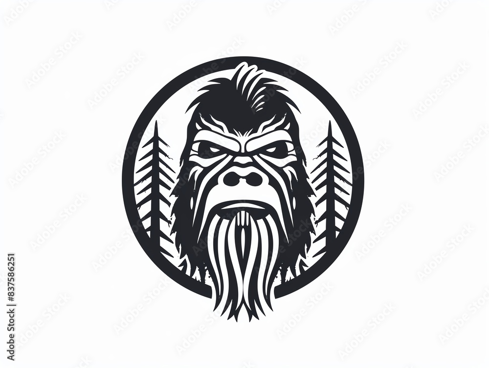 Black and white illustration of a Bigfoot face with trees behind it ...