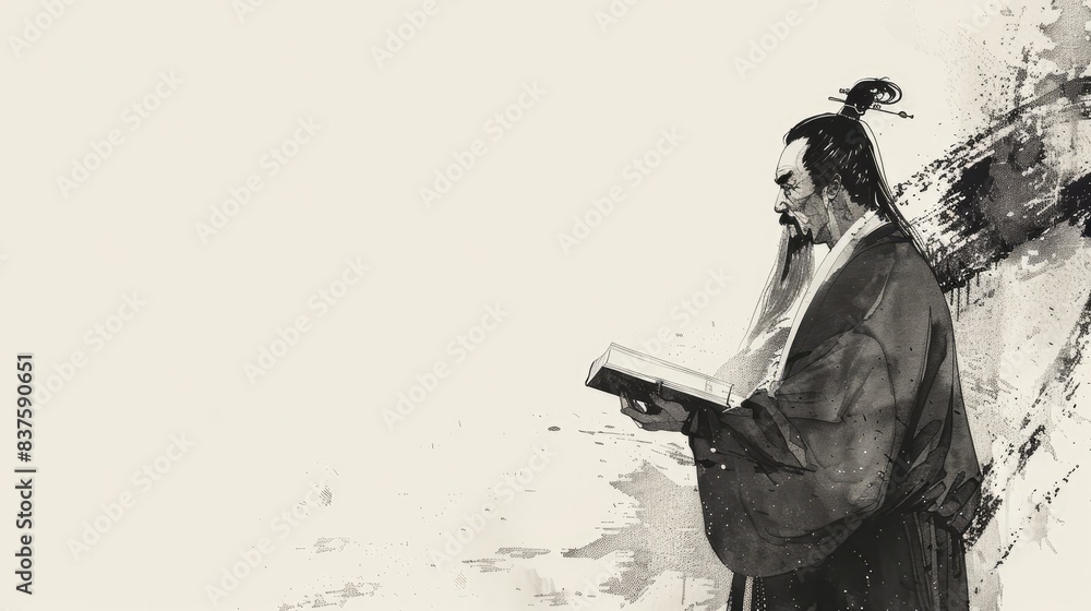 Ancient Chinese literati, holding a book in hand, standing to read ...