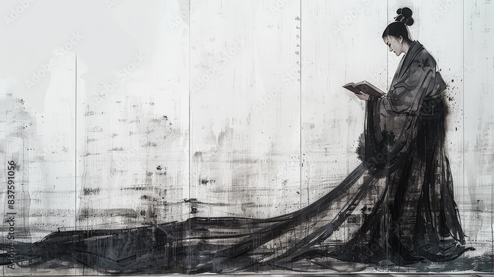 Ancient Chinese literati, holding a book in hand, standing to read ...