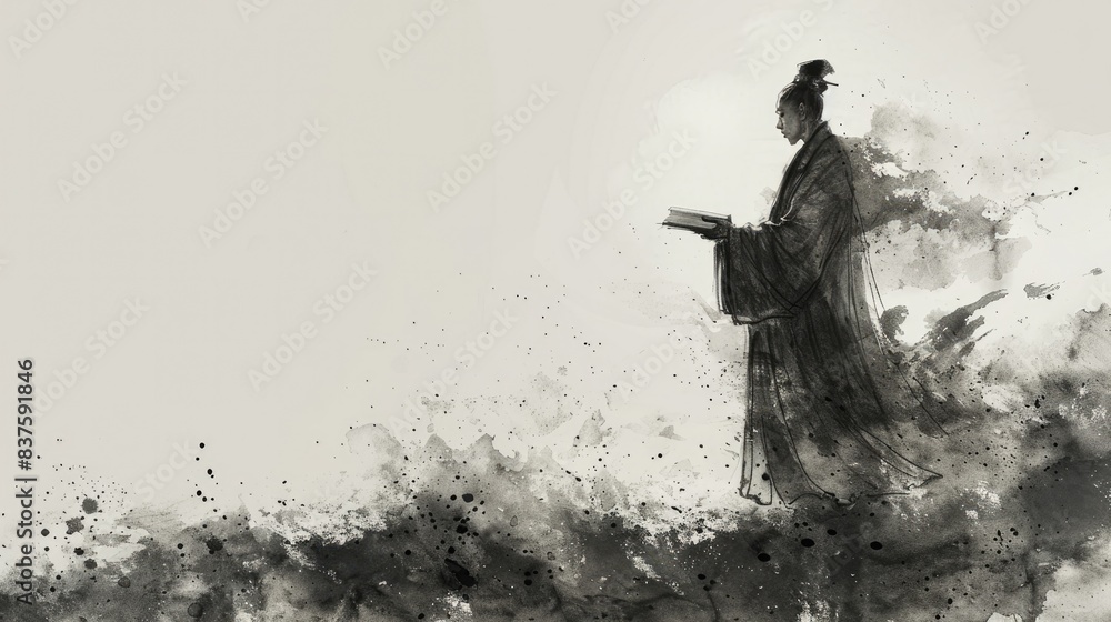 Ancient Chinese literati, holding a book in hand, standing to read ...