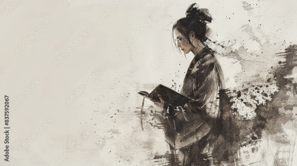 Ancient Chinese literati, holding a book in hand, standing to read ...